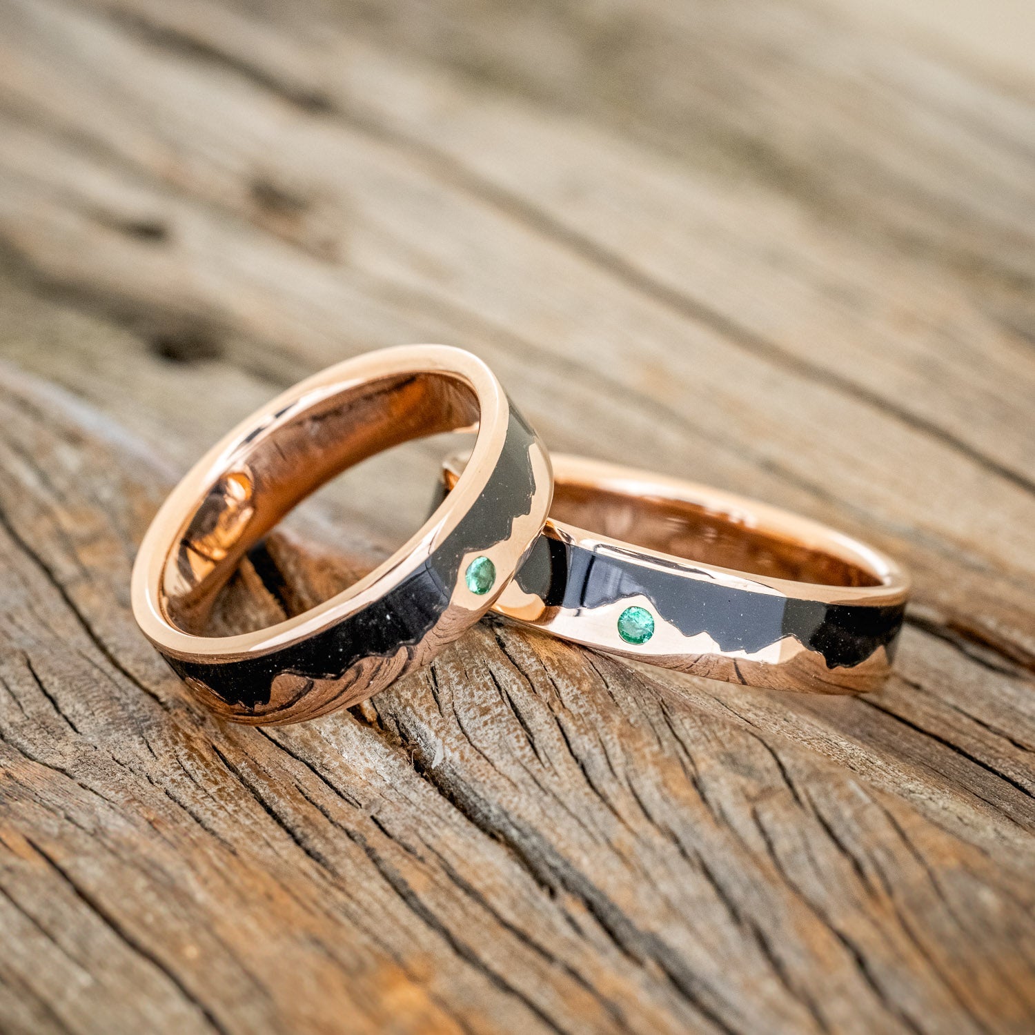 "Helios" Matching Jet Stone & Gold Mountain Wedding Bands With Emerald