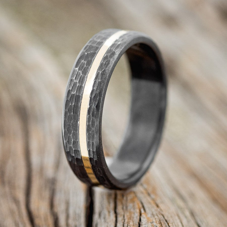 14K GOLD INLAY WEDDING RING WITH A HAMMERED FINISH