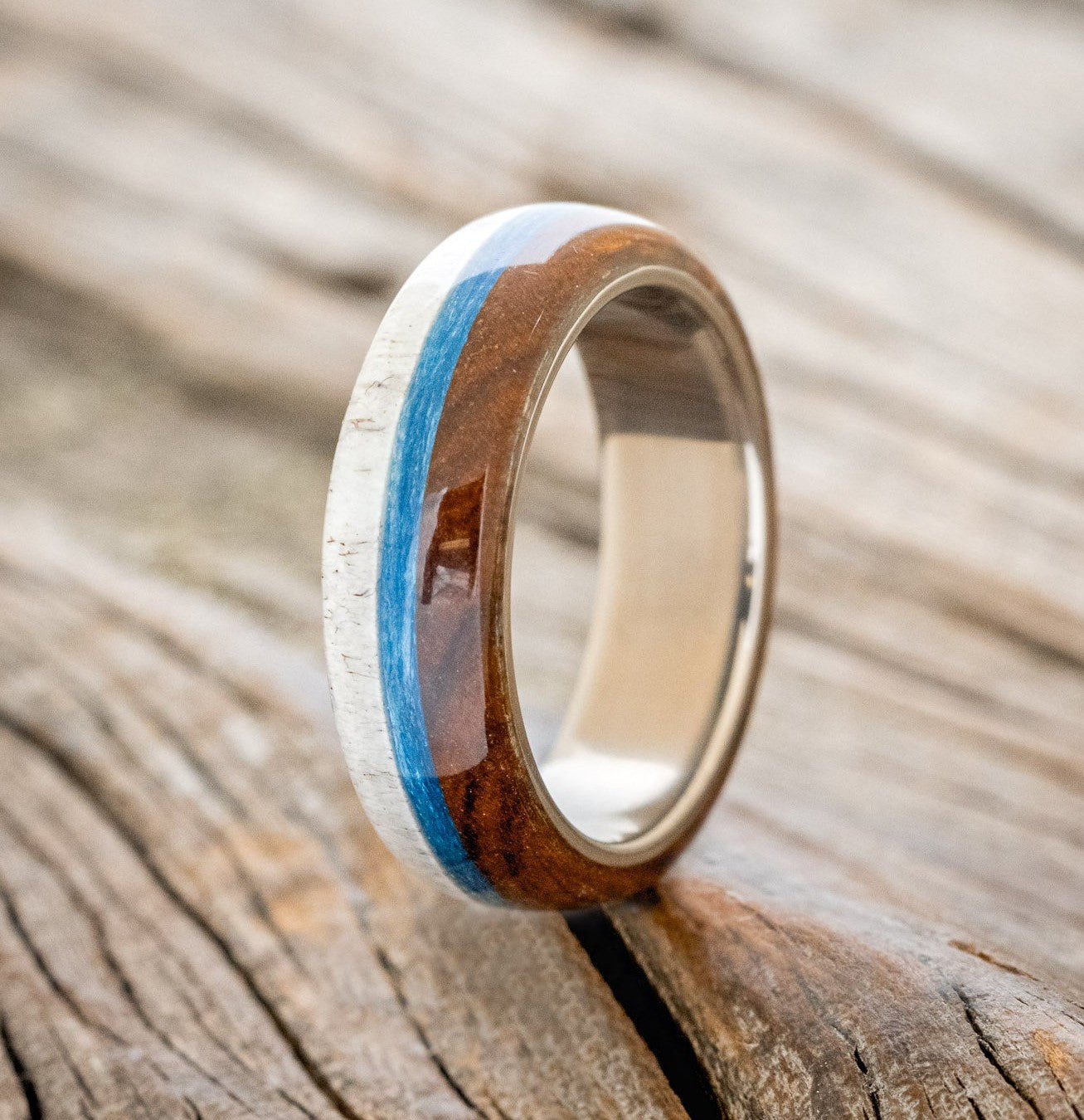 "Argos" Ironwood, Antler & Blue Fishing Line Wedding Band