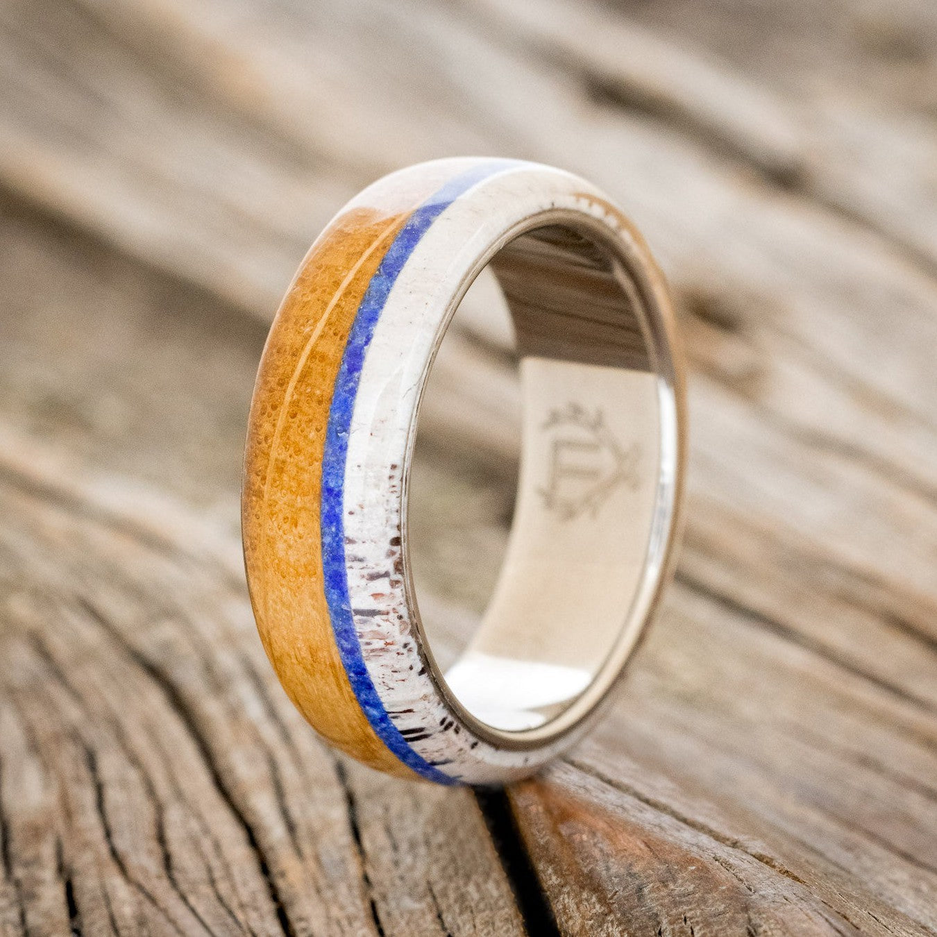 "Argos" Whiskey Barrel Oak, Lapis Lazuli & Antler Wedding Band
