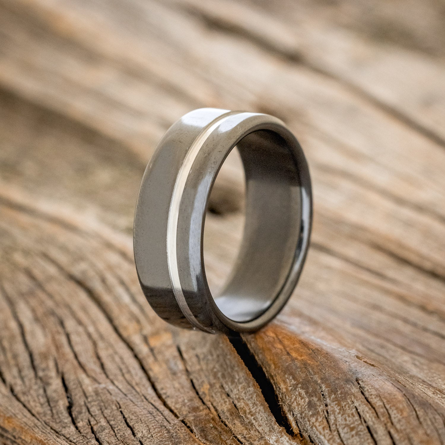BLACK ZIRCONIUM WEDDING BAND WITH OFFSET CUT ETCHING - READY TO SHIP