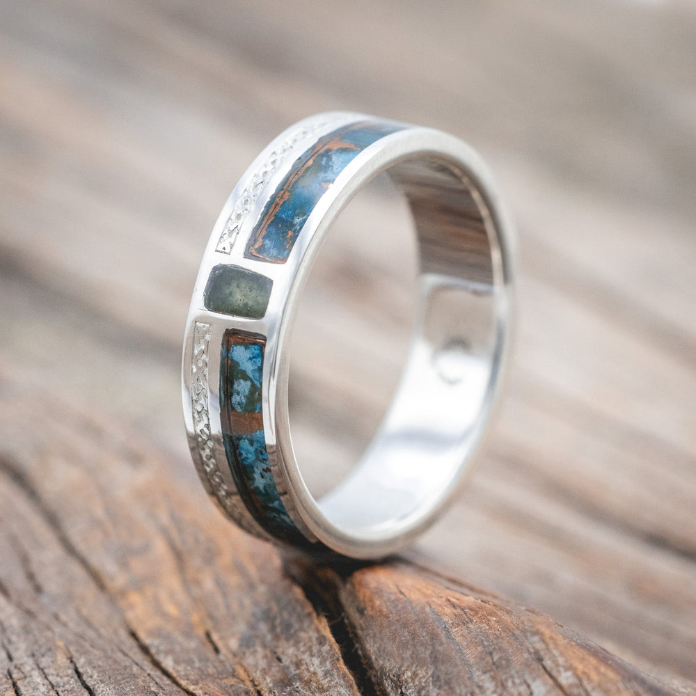"Bower" Celtic Knot Inspired Patina Copper & Moss Agate Wedding Band