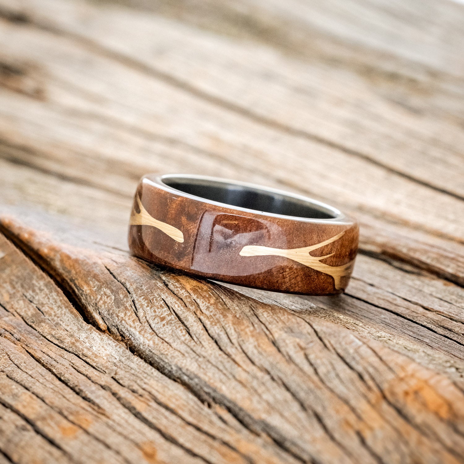 "WILDER" - CUSTOM DESIGN WEDDING BAND WITH REDWOOD & 14K GOLD ANTLER I