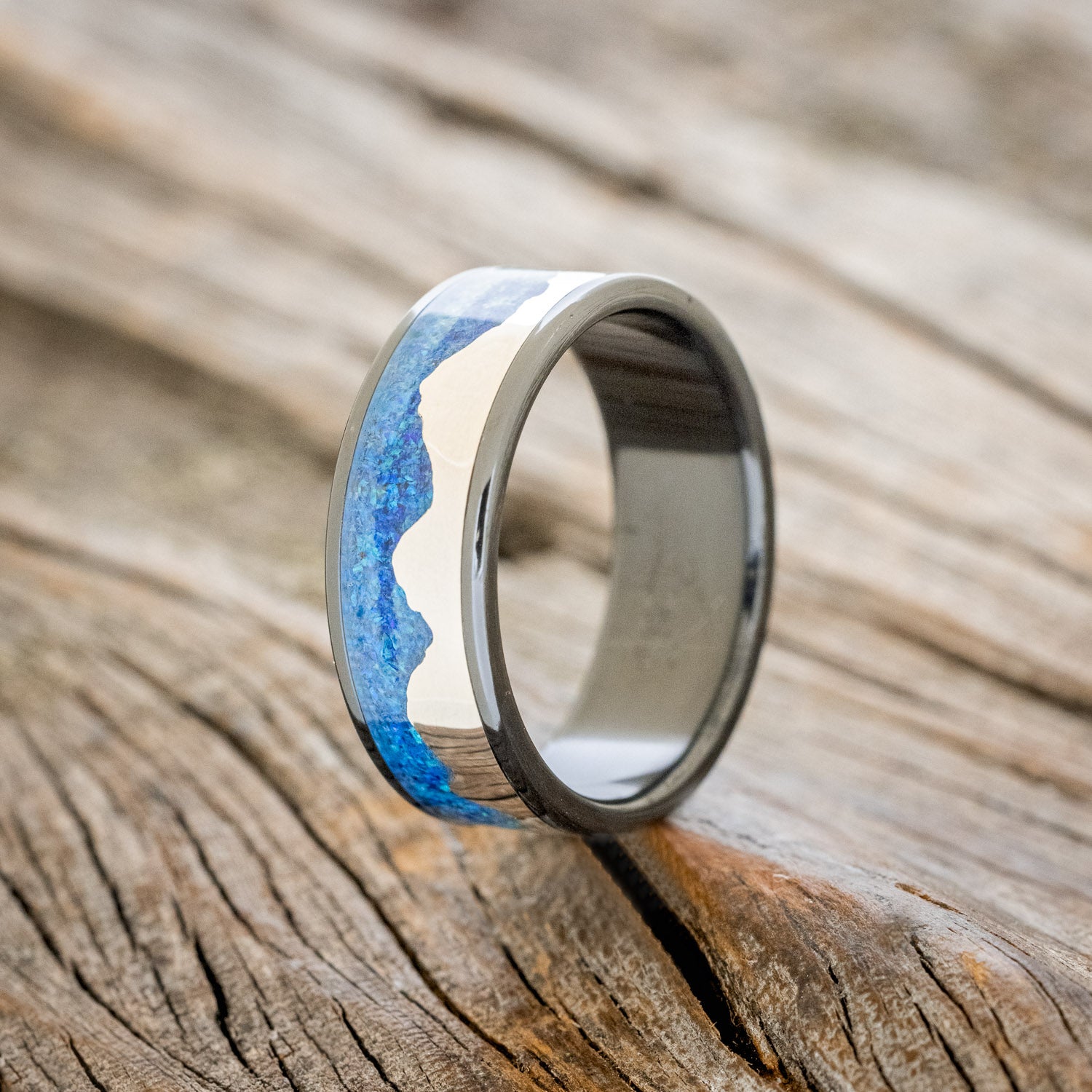 "Helios" Blue Opal With Silver Mountain Range Wedding Band