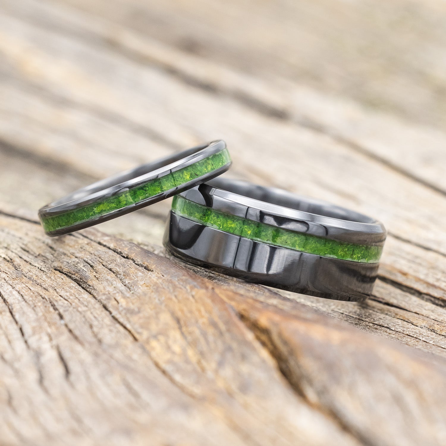 "Vertigo" Matching Set Of Moss Wedding Bands | Staghead Designs