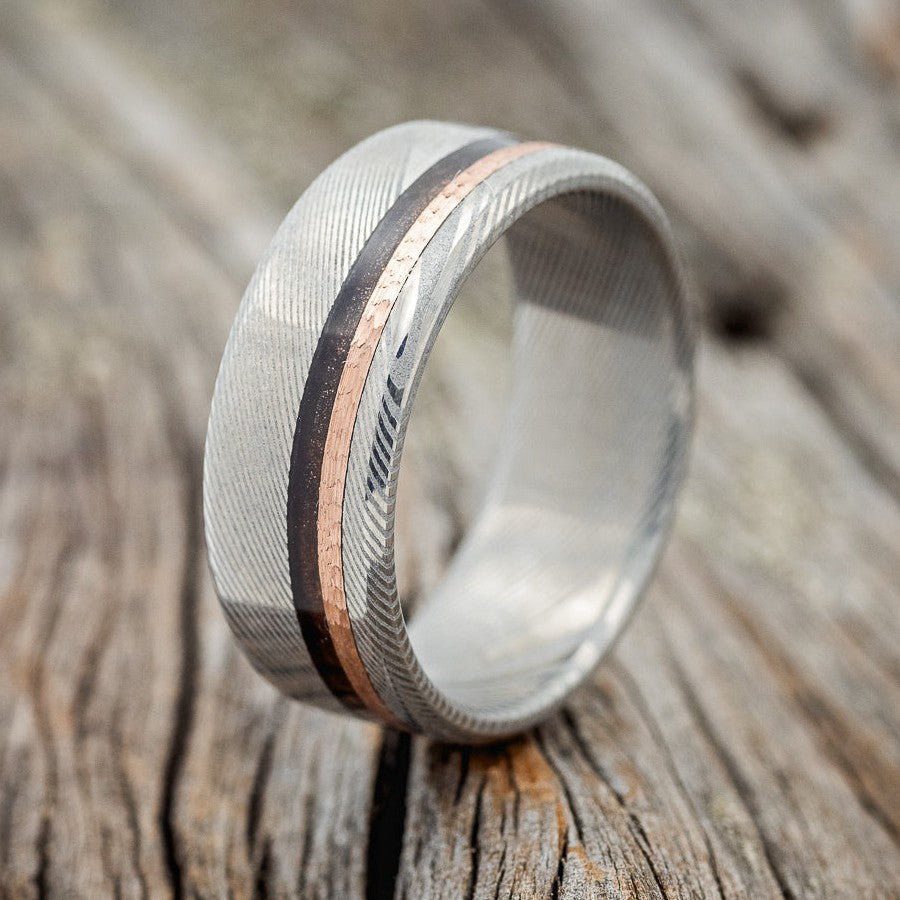 "CASTOR" - IRONWOOD & HAMMERED 14K GOLD INLAY WEDDING RING