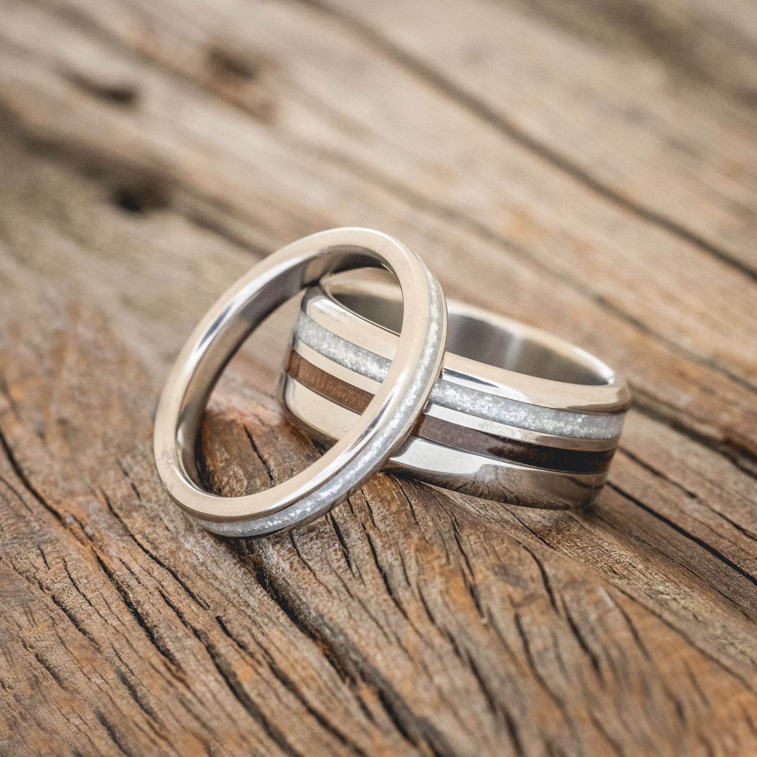 "Cosmo" Matching Set Of Dark Walnut & Diamond Dust Wedding Bands