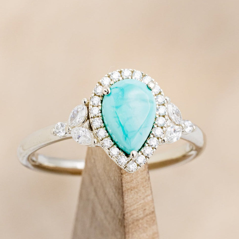 "Dream" Pear Cut Turquoise Engagement Ring With Diamond Halo & Accents