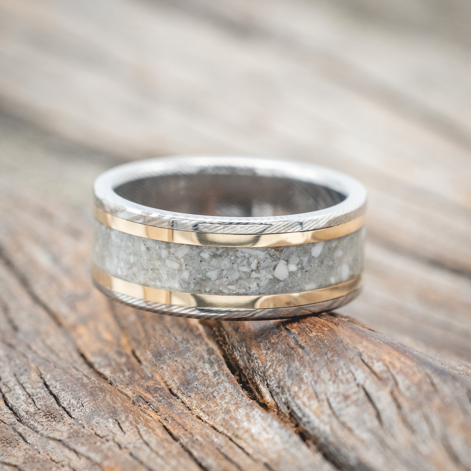 "HOLLIS" - ELK TOOTH IVORY & 14K GOLD INLAYS WEDDING RING FEATURING A