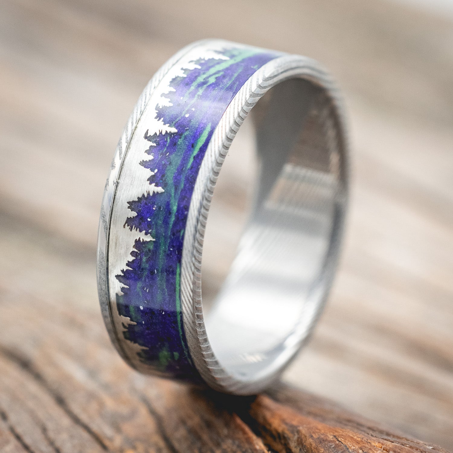 "Borealis" Silver Tree Wedding Ring + Glow In The Dark Northern Lights
