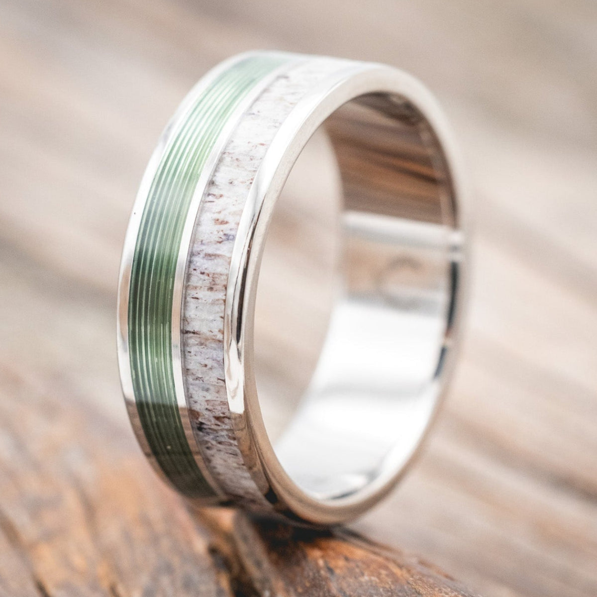"Dyad" Antler & Green Fishing Line Wedding Band | Staghead Designs