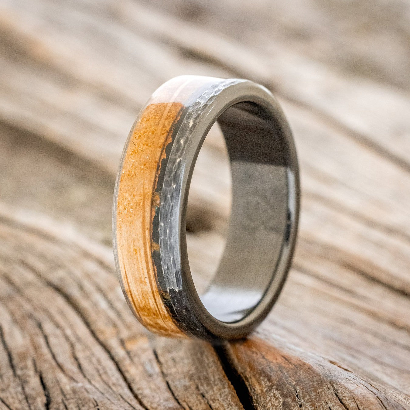 "EZRA" - WHISKEY BARREL & PATINA COPPER WEDDING RING WITH A HAMMERED F