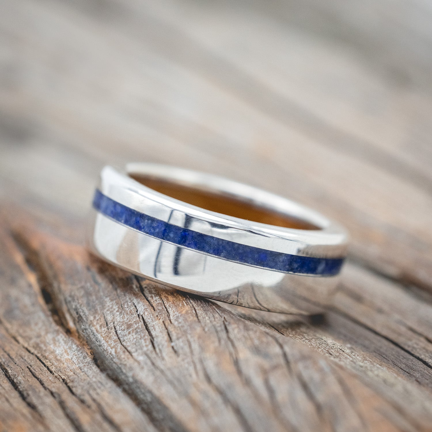 "VERTIGO" - LAPIS LAZULI WEDDING RING FEATURING A WHISKEY BARREL LINED