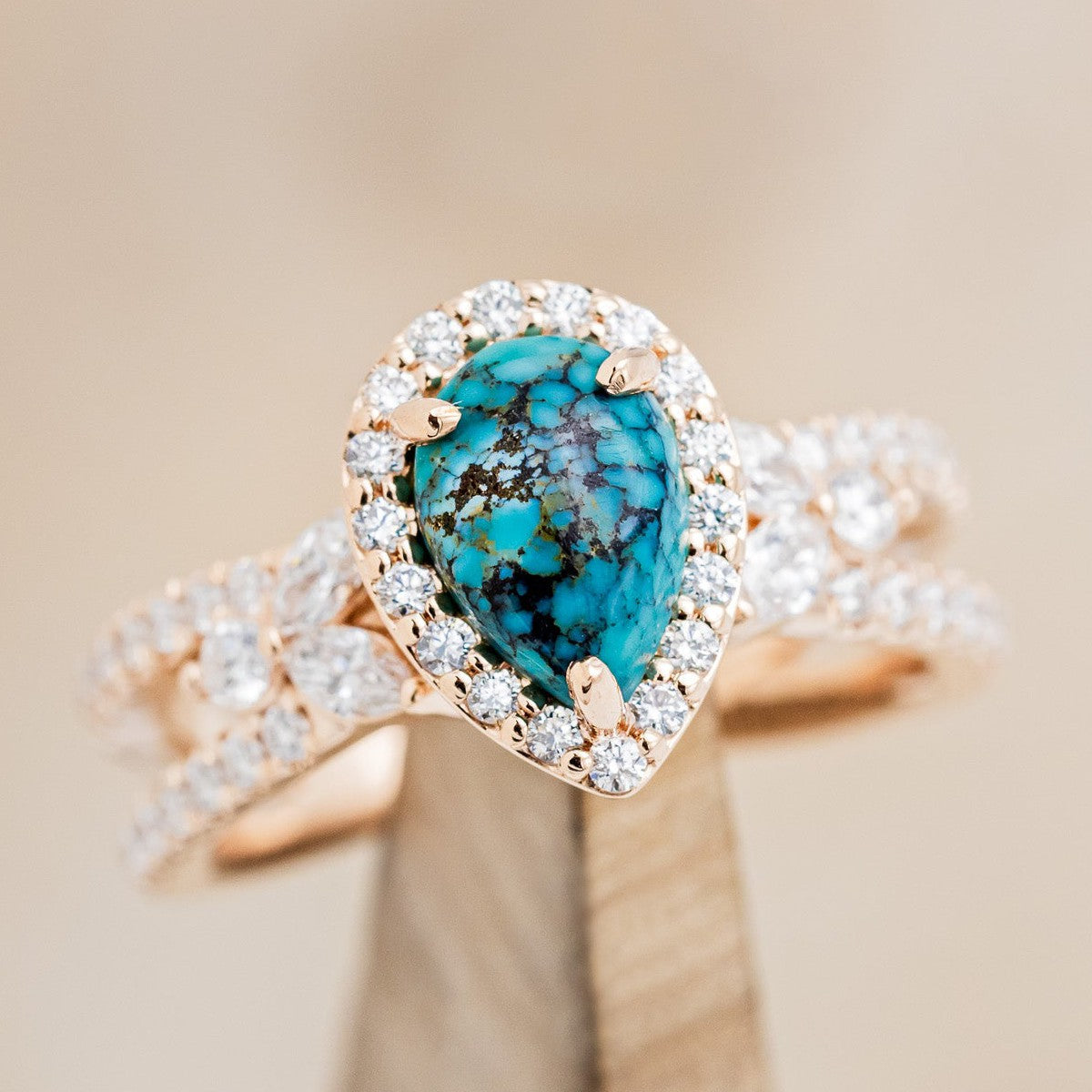 "Loretta" Pear Cut Turquoise Engagement Ring + Diamond Accents