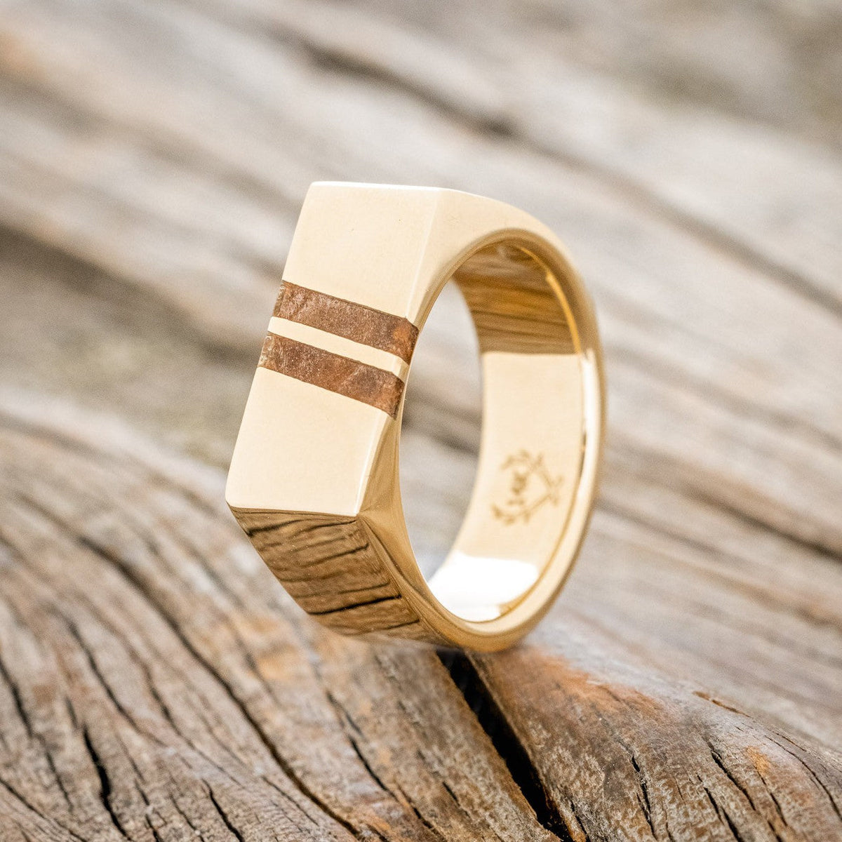 "Maine" - Flat Top Wedding Ring Featuring Diagonal Redwood Inlays