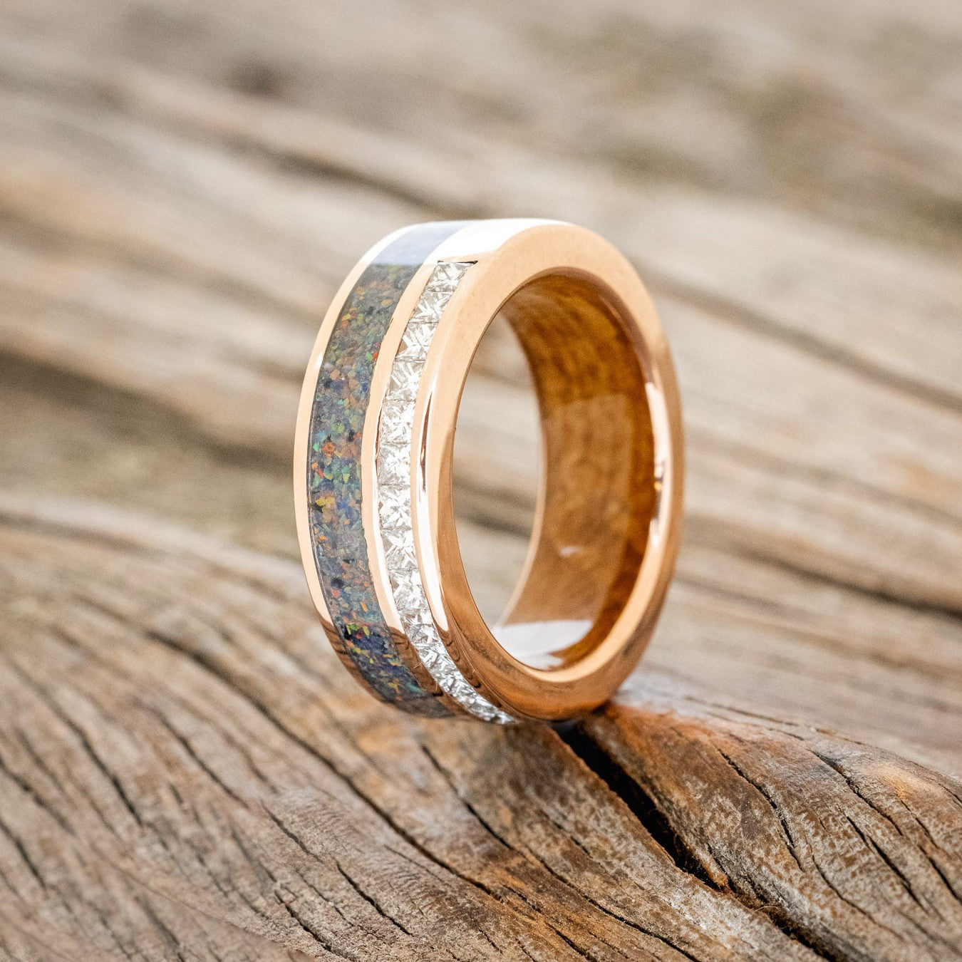 "Memphis" Diamonds & Black Fire Opal Wedding Band with Whiskey Barrel
