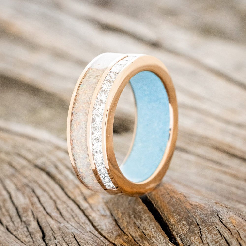 "MEMPHIS" - DIAMONDS & FIRE AND ICE OPAL WEDDING BAND FEATURING A TURQ