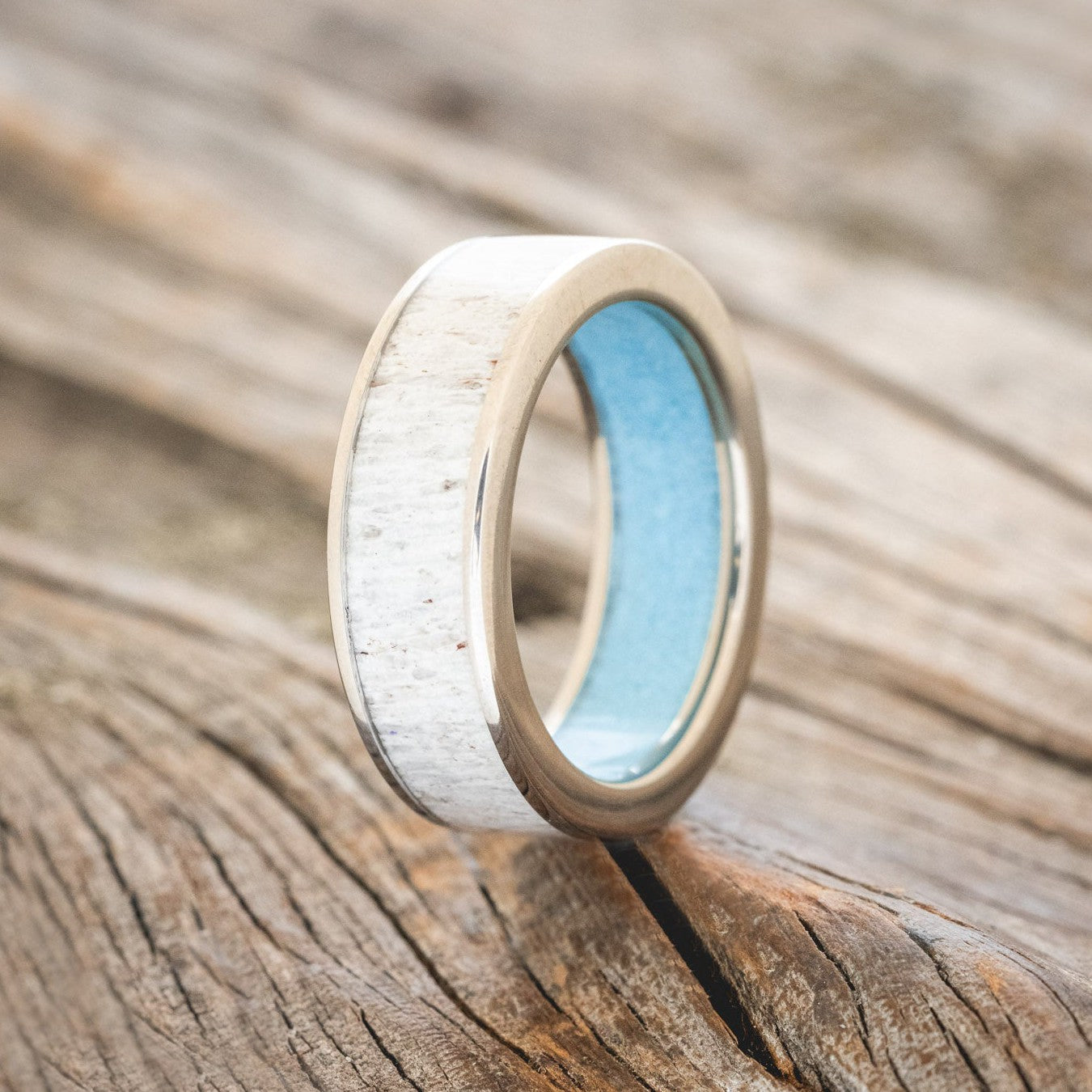 "RAINIER" - ANTLER INLAY AND TURQUOISE LINING WEDDING RING