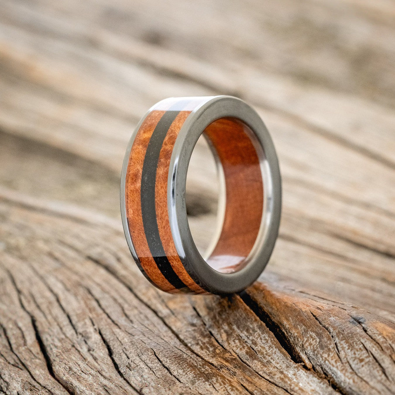 "RAINIER" - REDWOOD INLAY AND LINING WEDDING RING WITH JET STONE