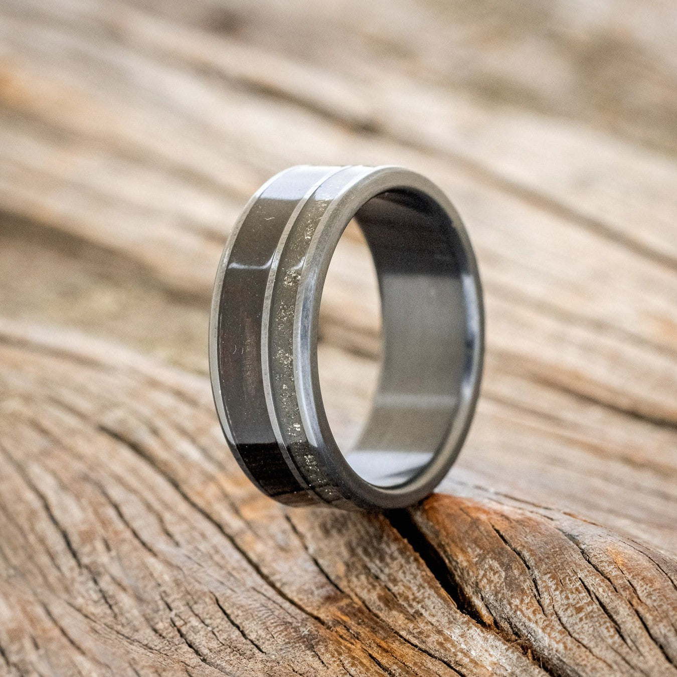 "RAPTOR" - PYRITE & WENGE WOOD INLAY WEDDING BAND