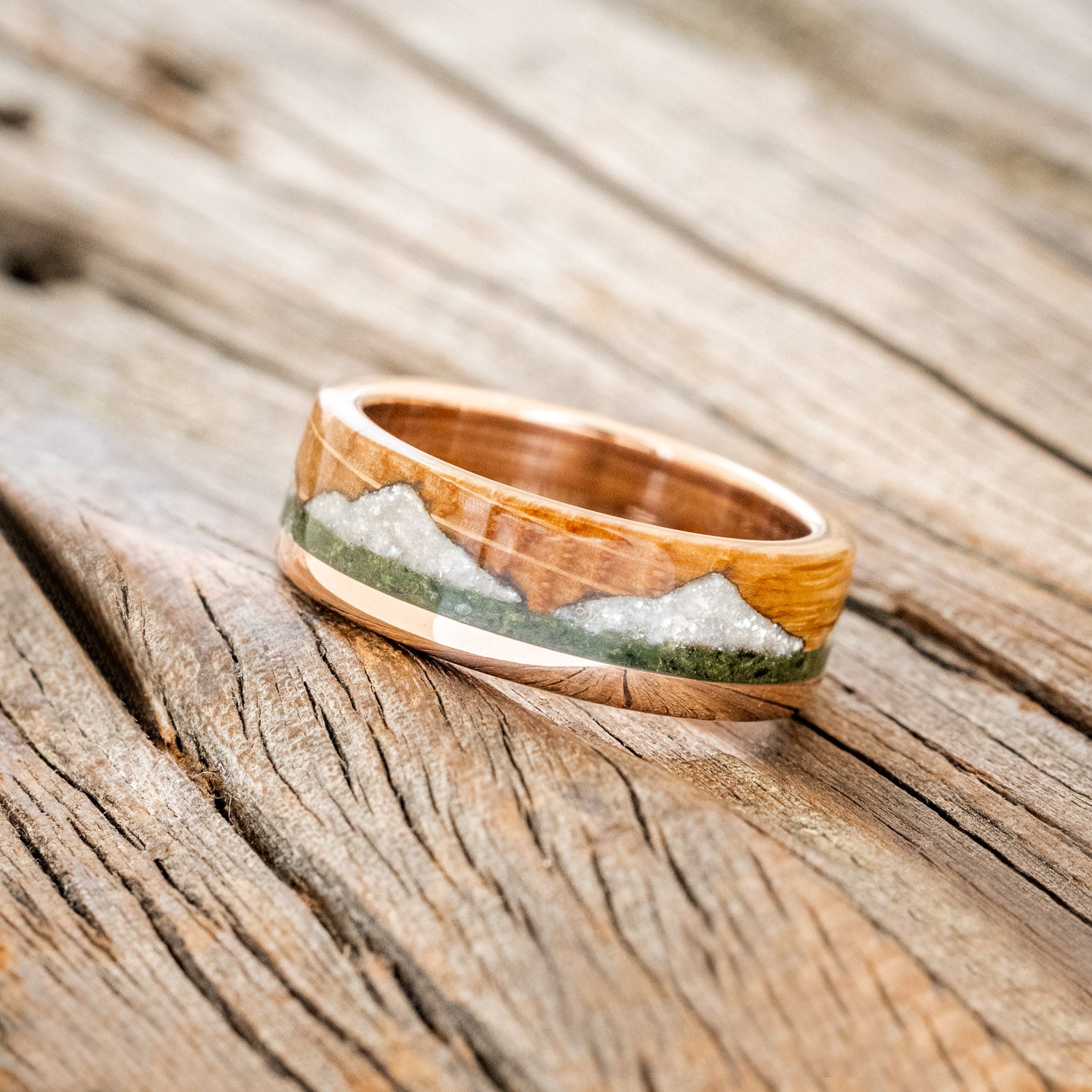 "Ezra" Whiskey Barrel Oak With Diamond Dust & Moss Inlay Wedding Ring