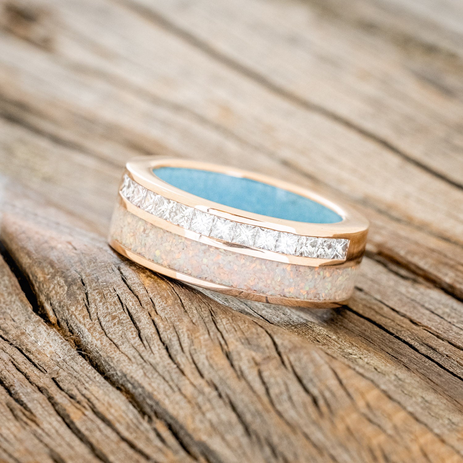 "MEMPHIS" - DIAMONDS & FIRE AND ICE OPAL WEDDING BAND FEATURING A TURQ