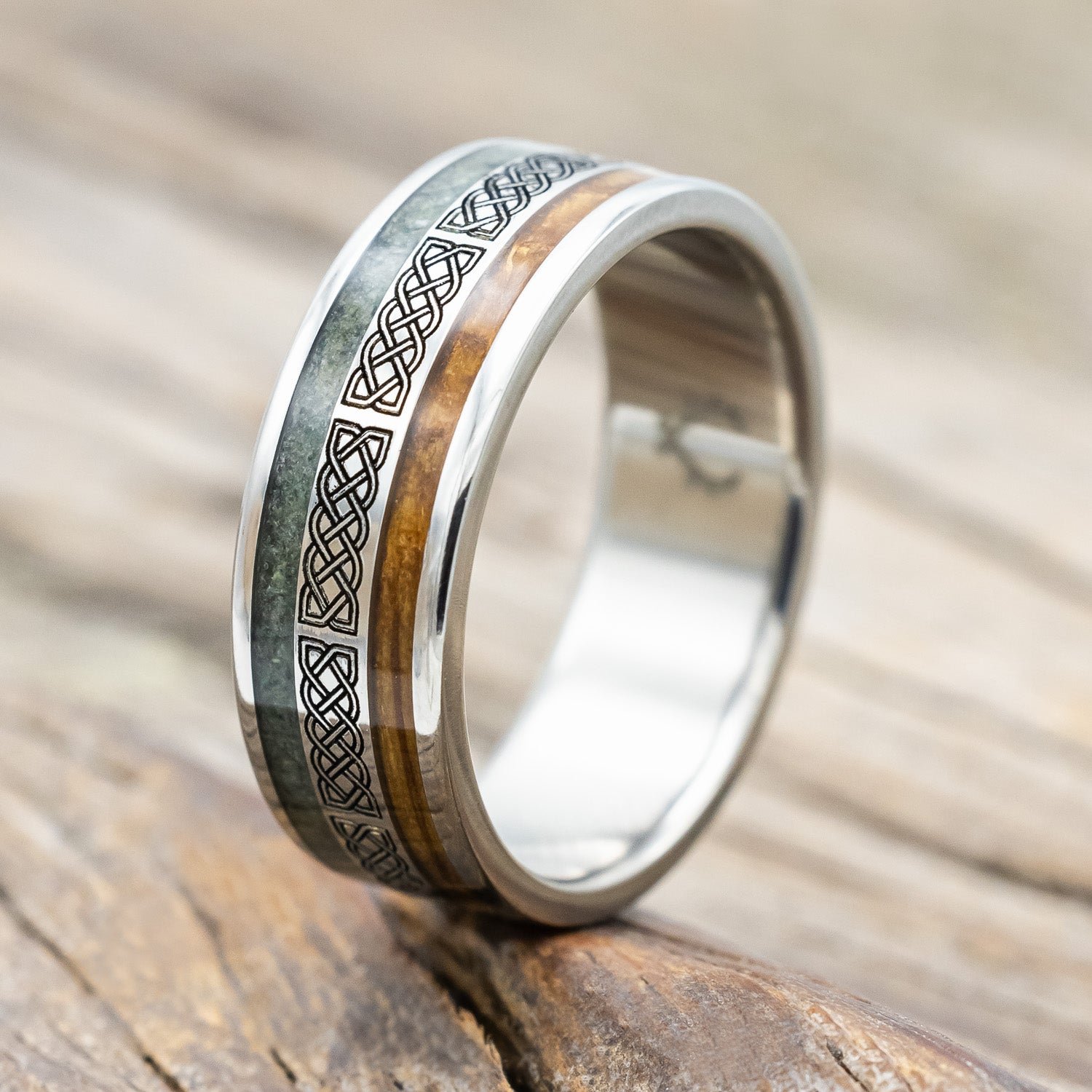 "Ryder" Sailor's Knot Engraved Whiskey Oak & Moss Agate Wedding Ring