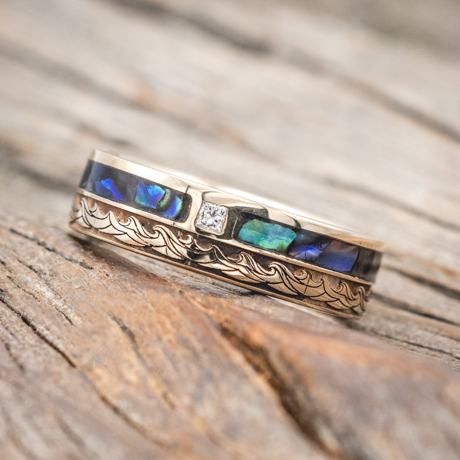"Sebastian" Wave Engraved Wedding Band With Diamond & Paua Shell