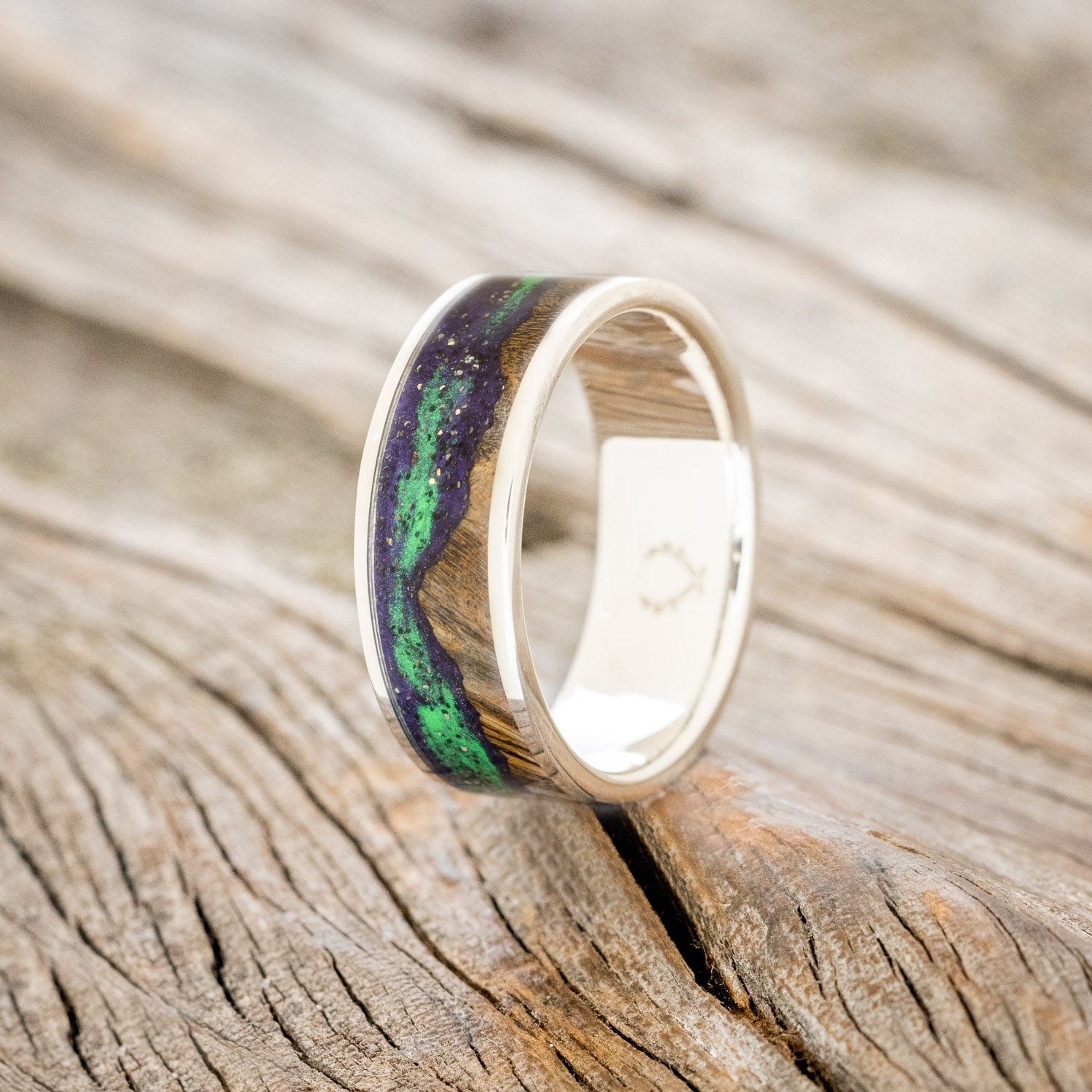 "BOREALIS" - MOUNTAIN ENGRAVED WEDDING RING WITH DARK MAPLE WOOD & GLO ...