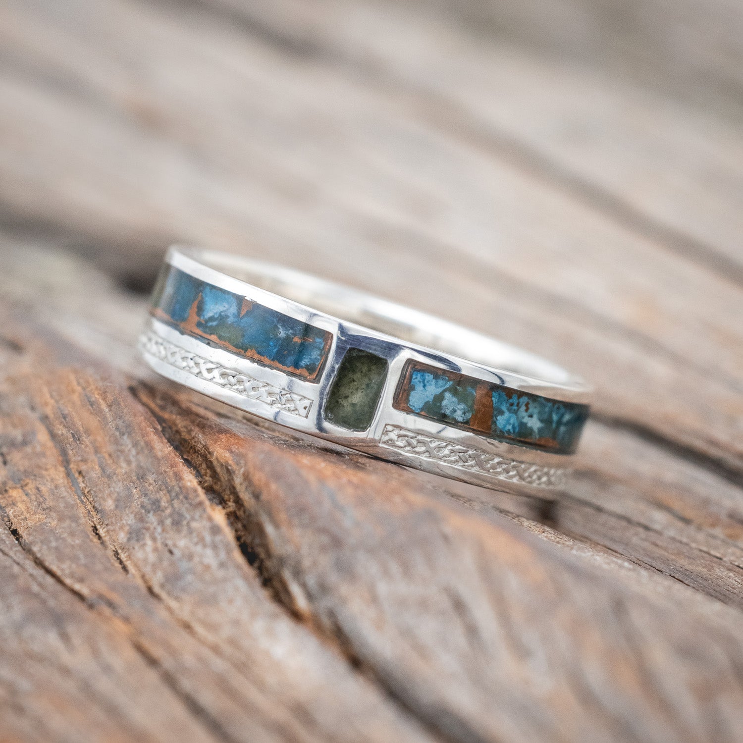 "Bower" Celtic Knot Inspired Patina Copper & Moss Agate Wedding Band