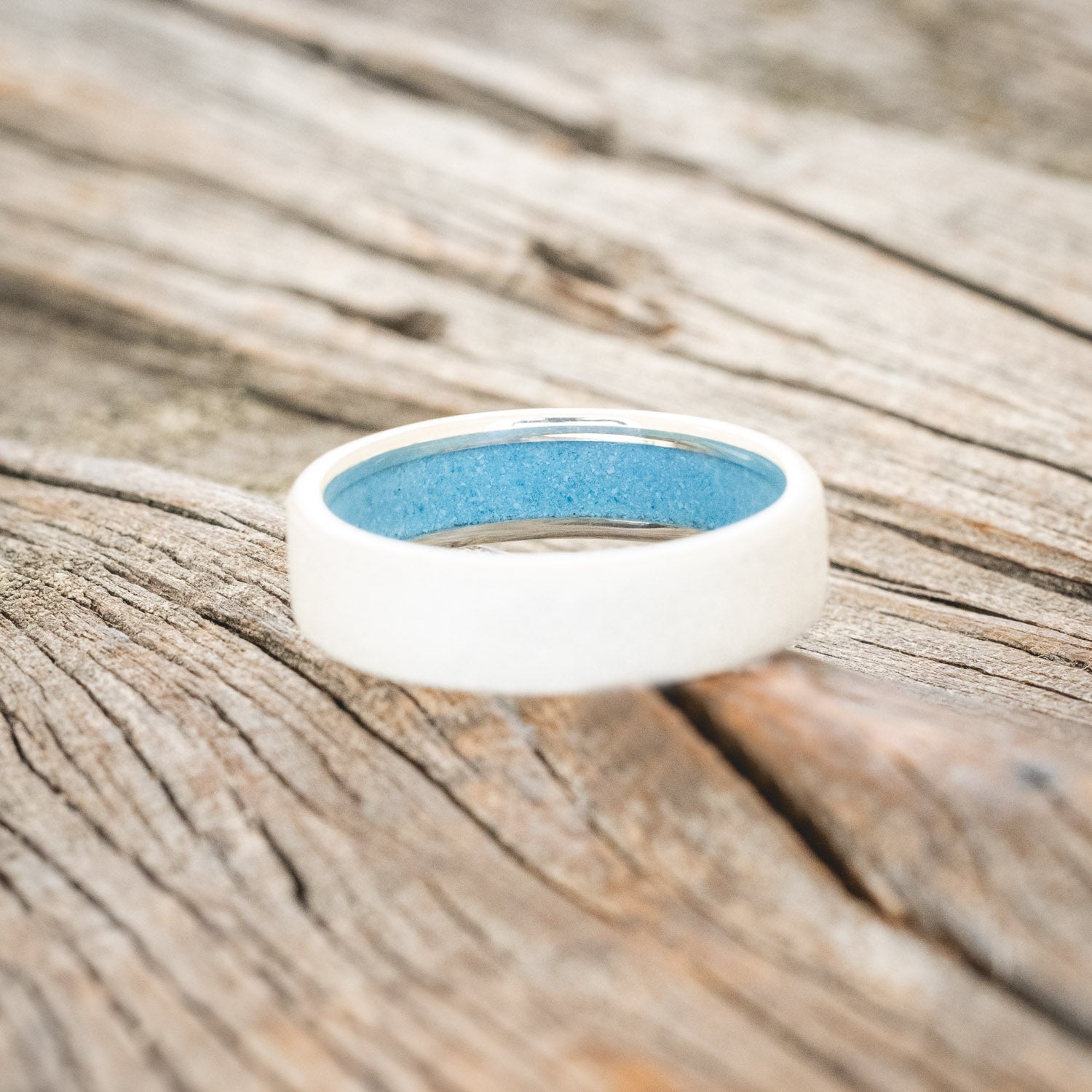 TURQUOISE LINED WEDDING BAND WITH A SANDBLASTED FINISH