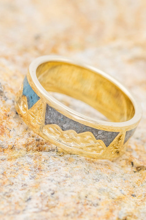 "SUMMIT" - MOUNTAIN RANGE ENGRAVED RING WITH TURQUOISE & LARIMAR INLAY