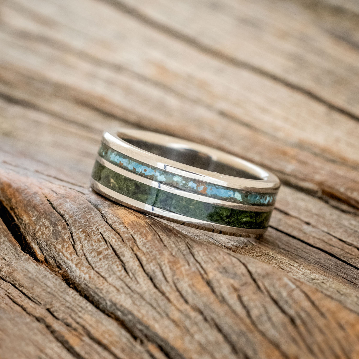 "Raptor" Moldavite & Moss Mix With Patina Copper Wedding Band