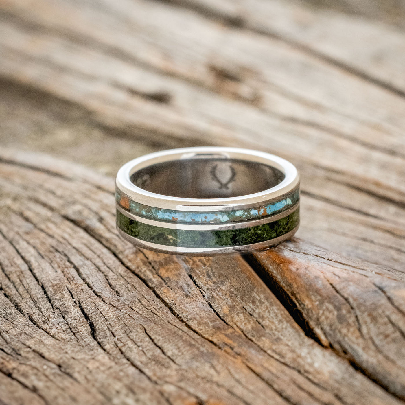 "Raptor" Moldavite & Moss Mix With Patina Copper Wedding Band