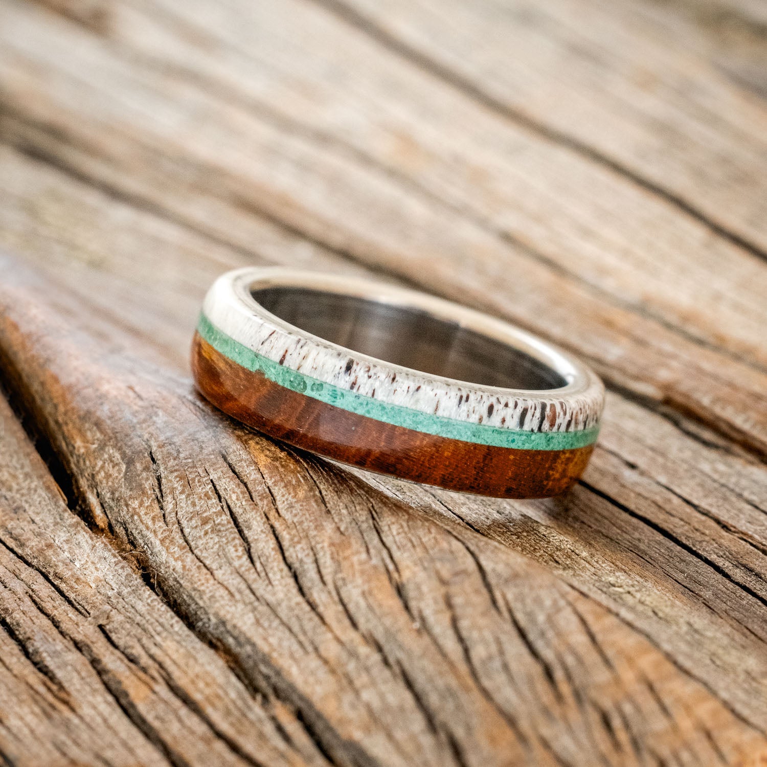 "ARGOS" - IRONWOOD, ANTLER & MALACHITE WEDDING BAND – Staghead Designs
