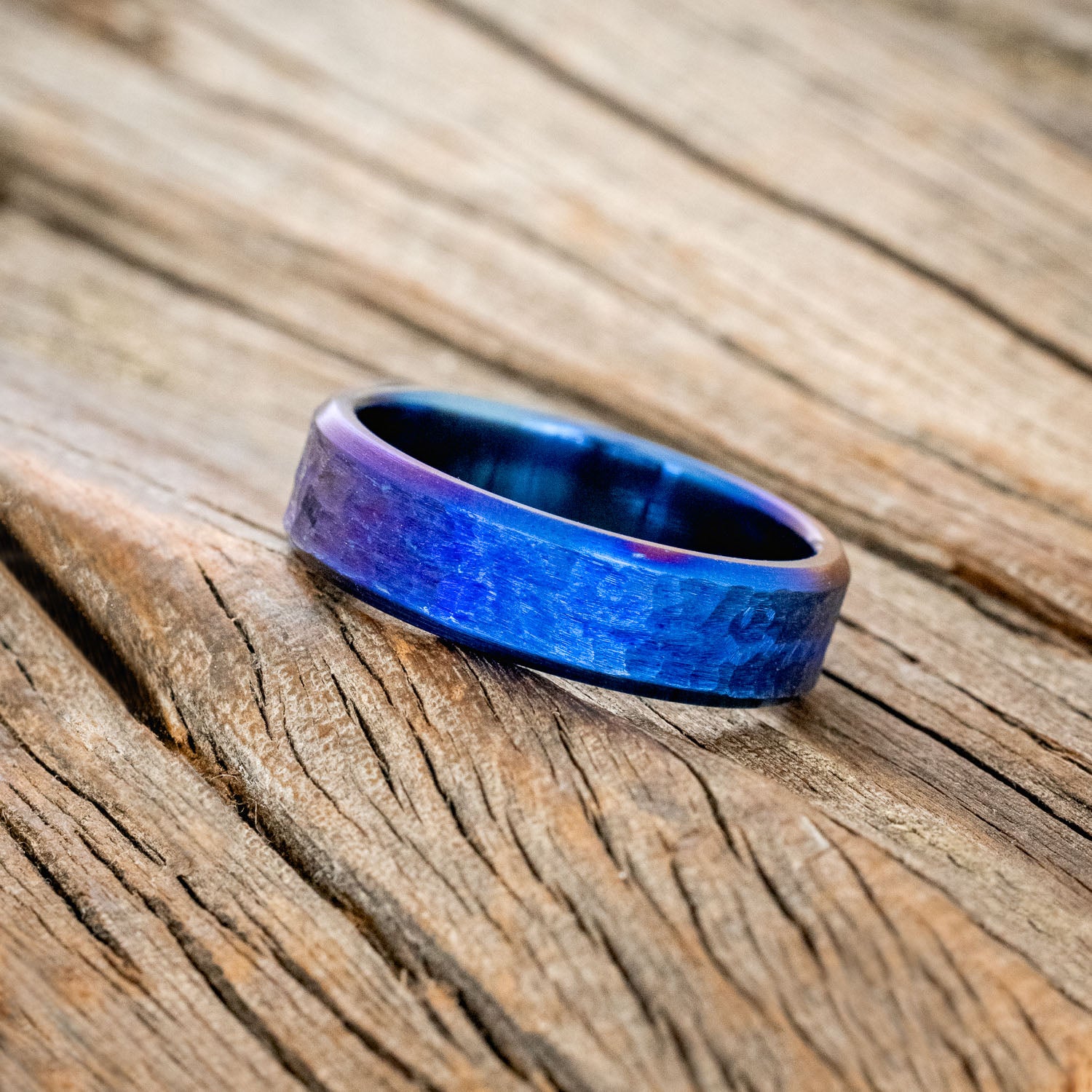 Matching Fire-treated Titanium Wedding Bands With Hammered Finish