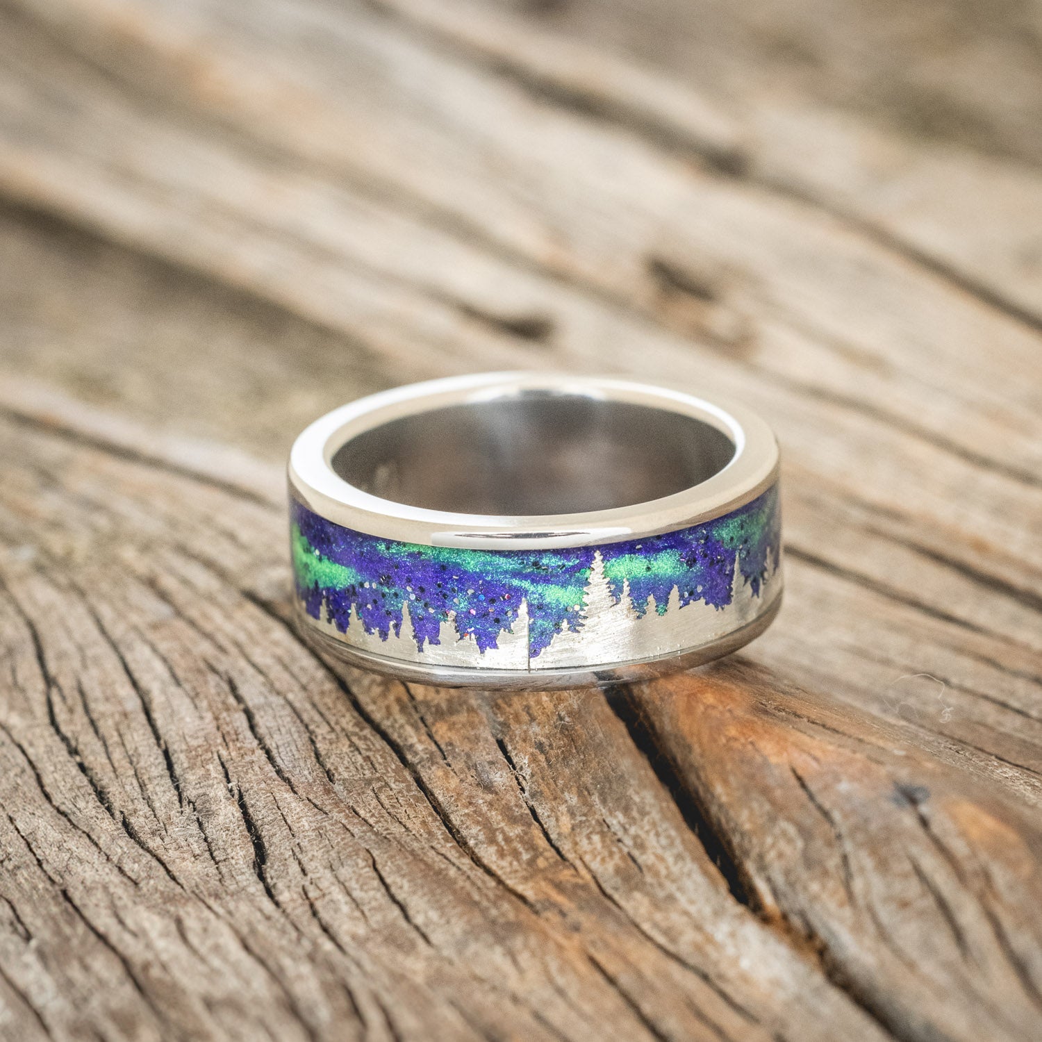 "Borealis" Silver Tree Wedding Ring + Glow In The Dark Northern Lights