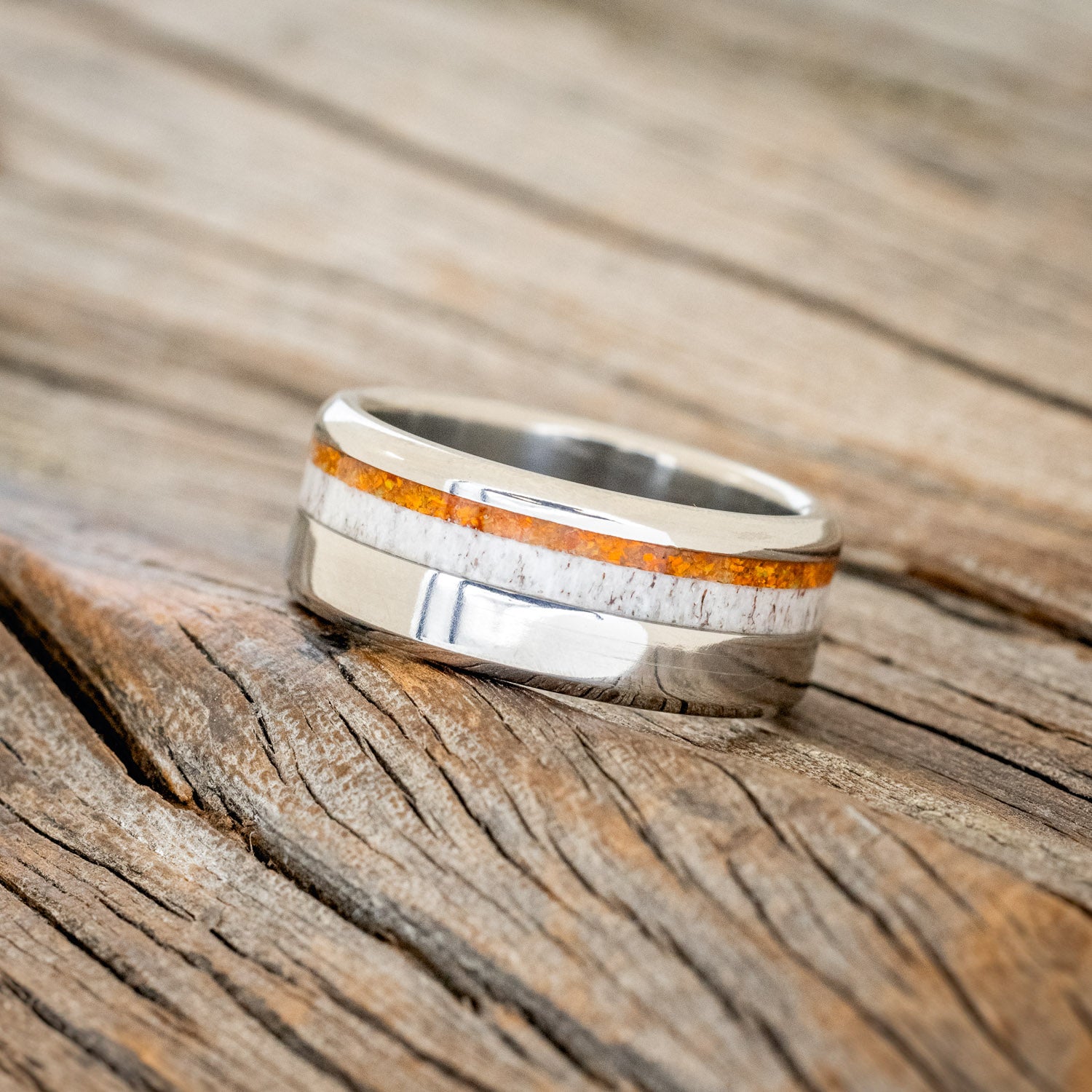 "CASTOR" - ELK ANTLER & ORANGE OPAL WEDDING RING