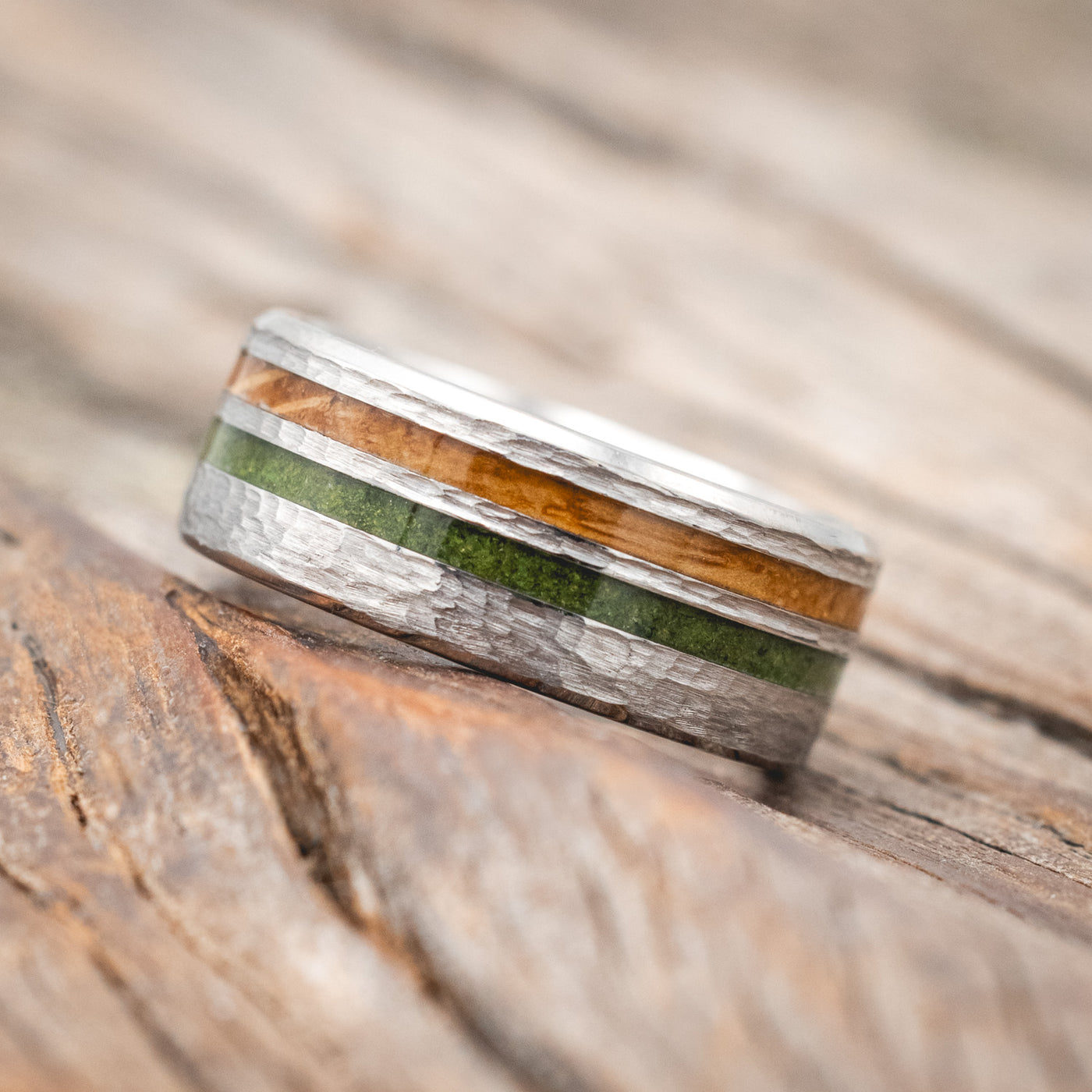 "Cosmo" Whiskey Barrel & Moss Inlay Wedding Band | Staghead Designs