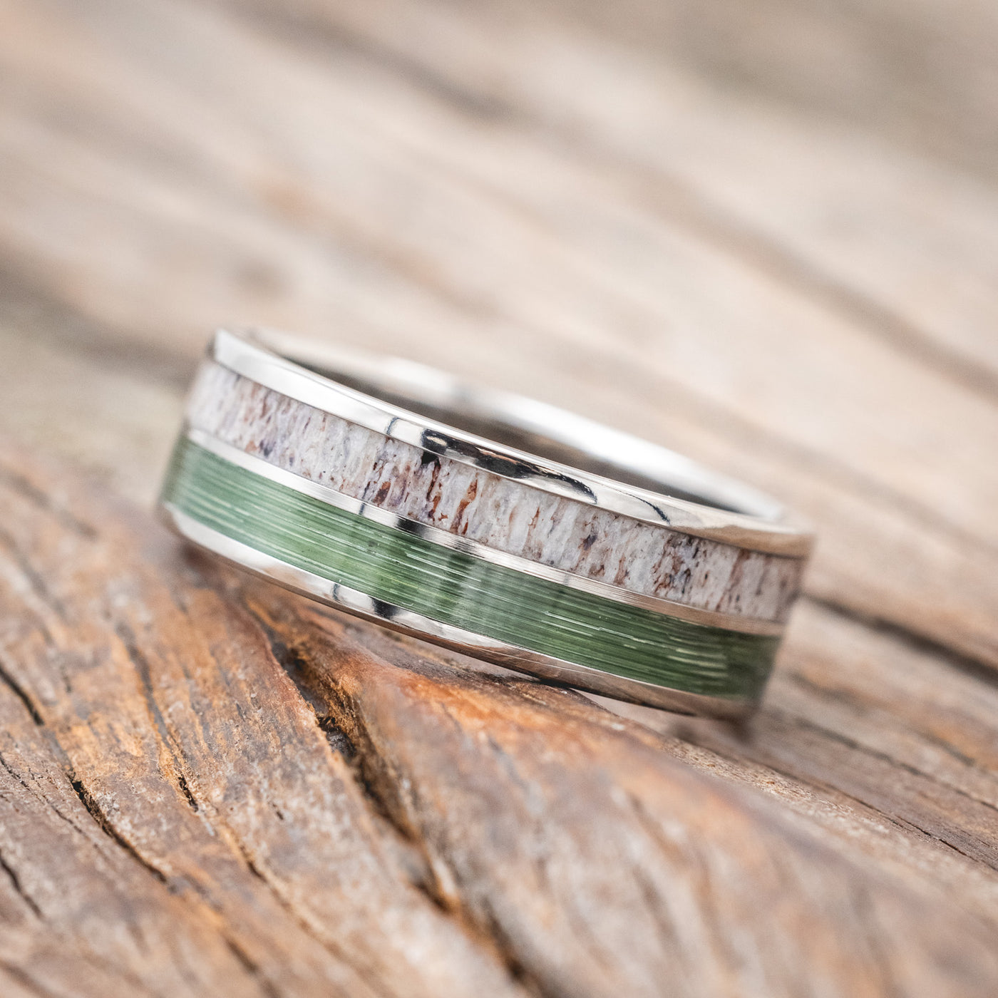 "Dyad" Antler & Green Fishing Line Wedding Band | Staghead Designs