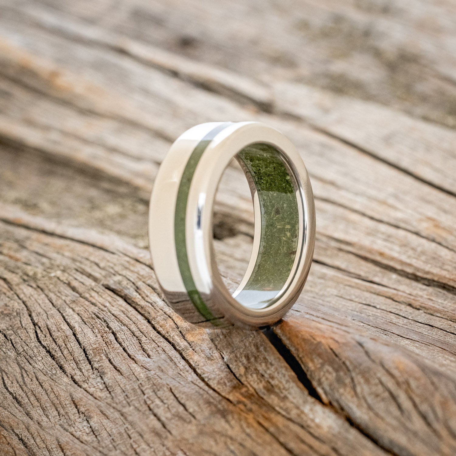 "Vertigo" Matching Set Of Moss Inlay & Lining Wedding Bands