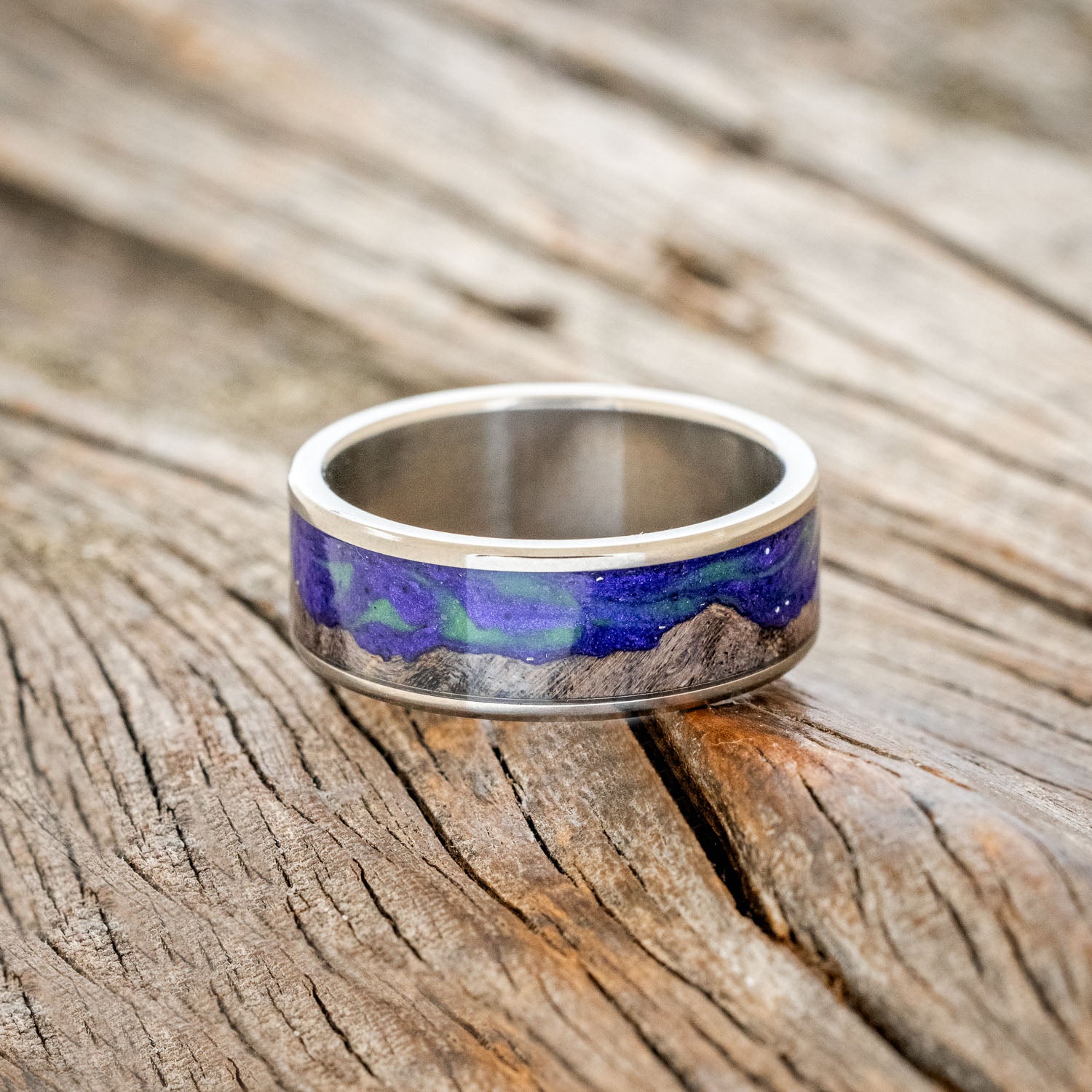 "Borealis" Mountain Wedding Ring + Glow In The Dark Northern Lights