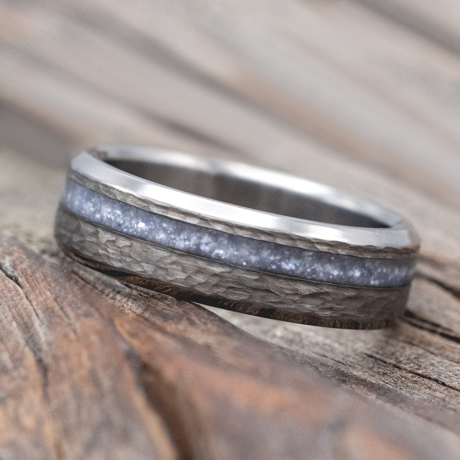 "Vertigo" Matching Set Of Diamond Dust Wedding Bands + Hammered Finish