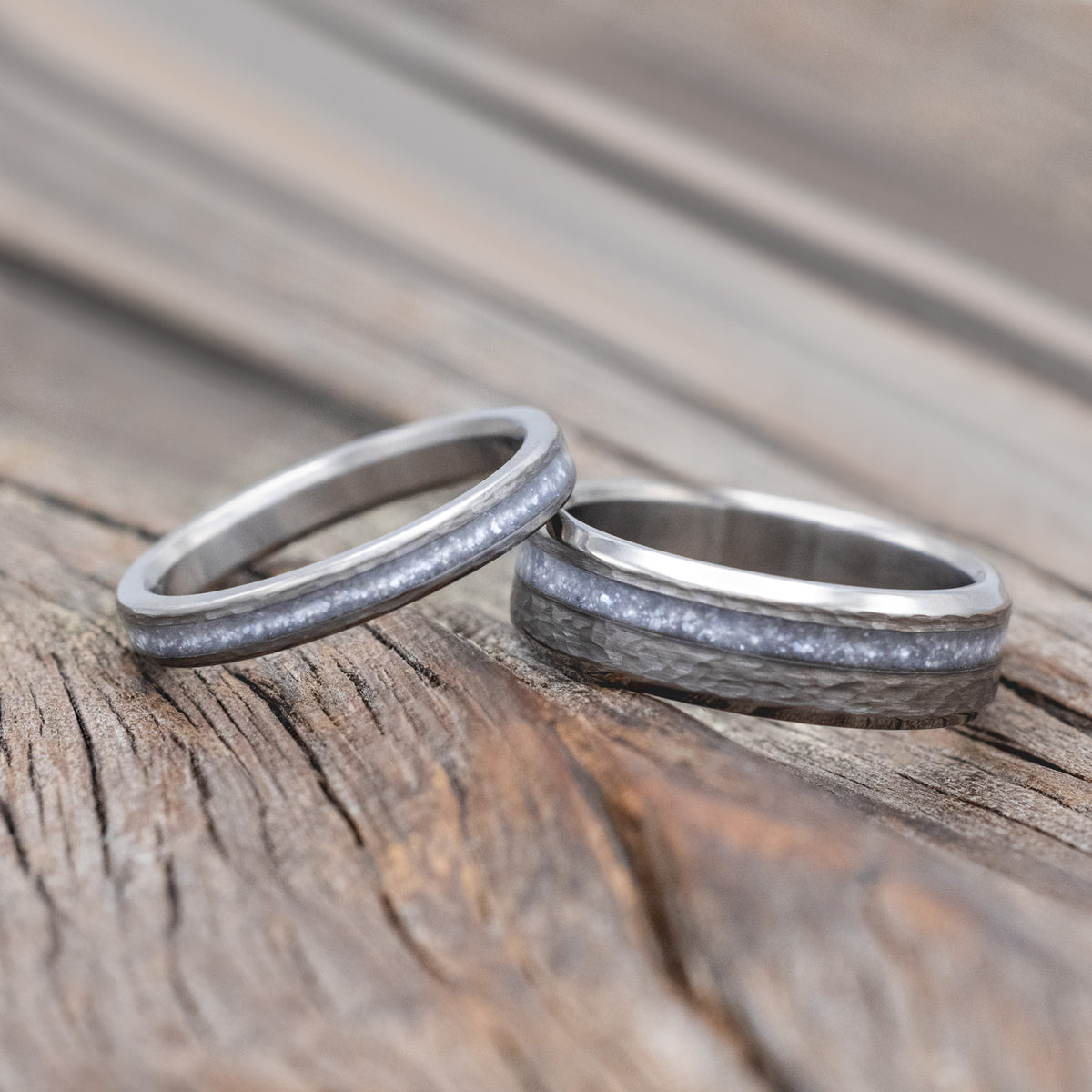 "Vertigo" Matching Set Of Diamond Dust Wedding Bands + Hammered Finish
