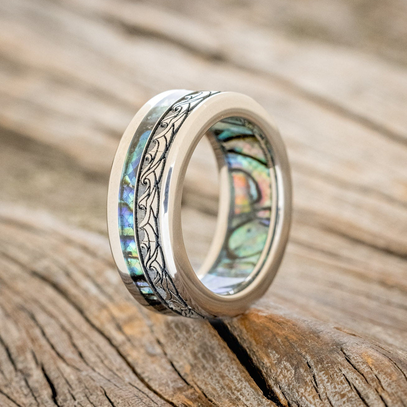 "Triton" Wave Engraved Wedding Band with Paua Shell | Staghead Designs