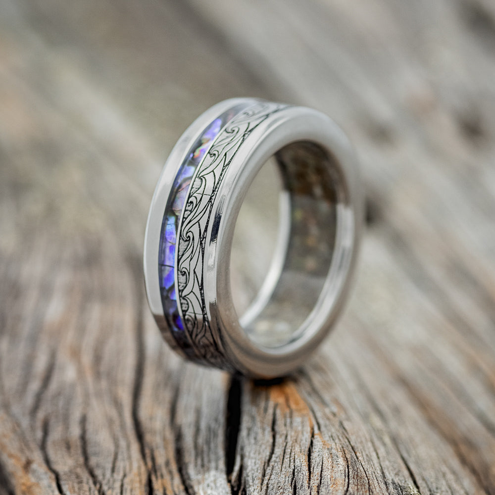 WAVE ENGRAVED WEDDING BAND WITH PAUA SHELL & SAND LINING - "TRITON"