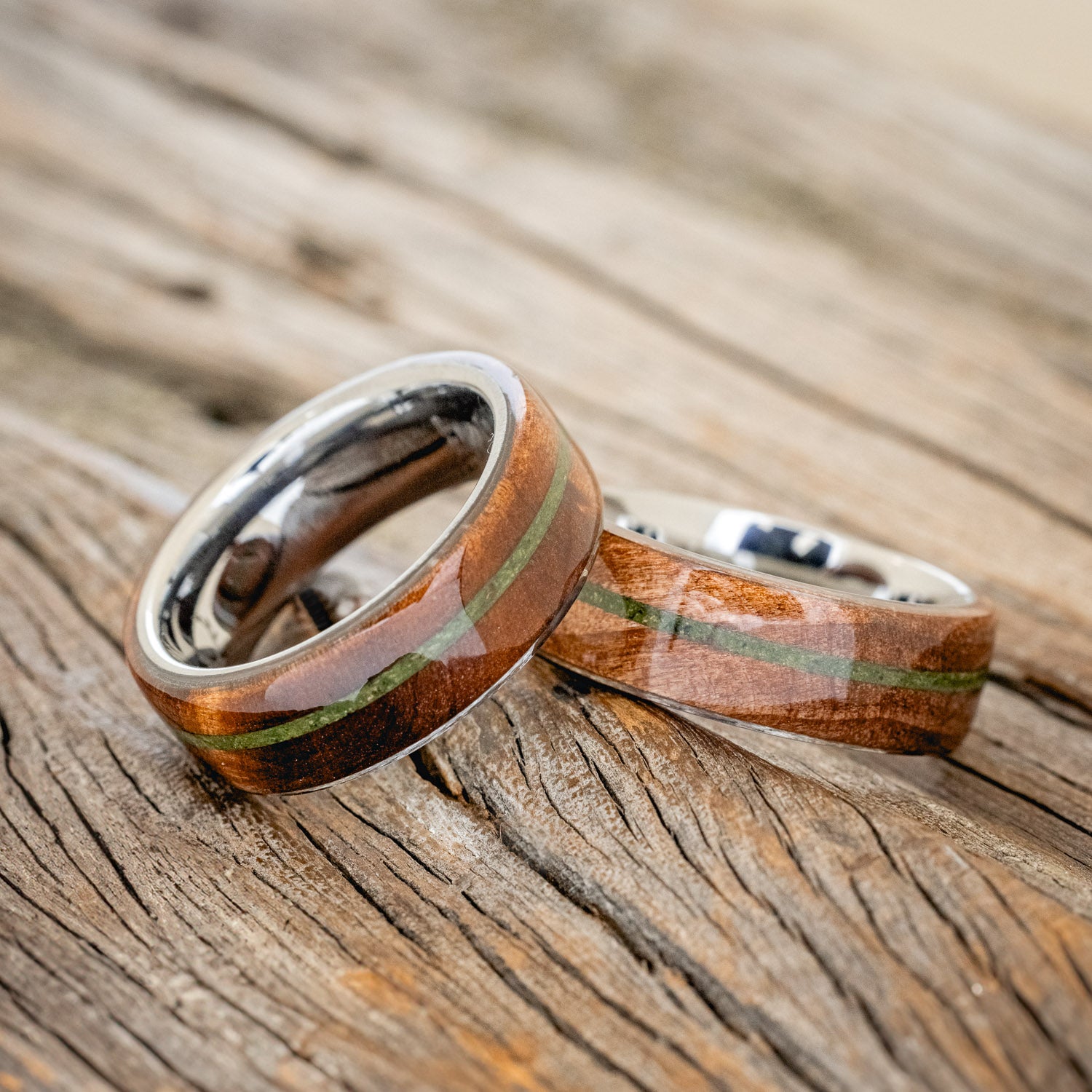 "REMMY" - MATCHING SET OF REDWOOD & MOSS INLAY WEDDING BANDS