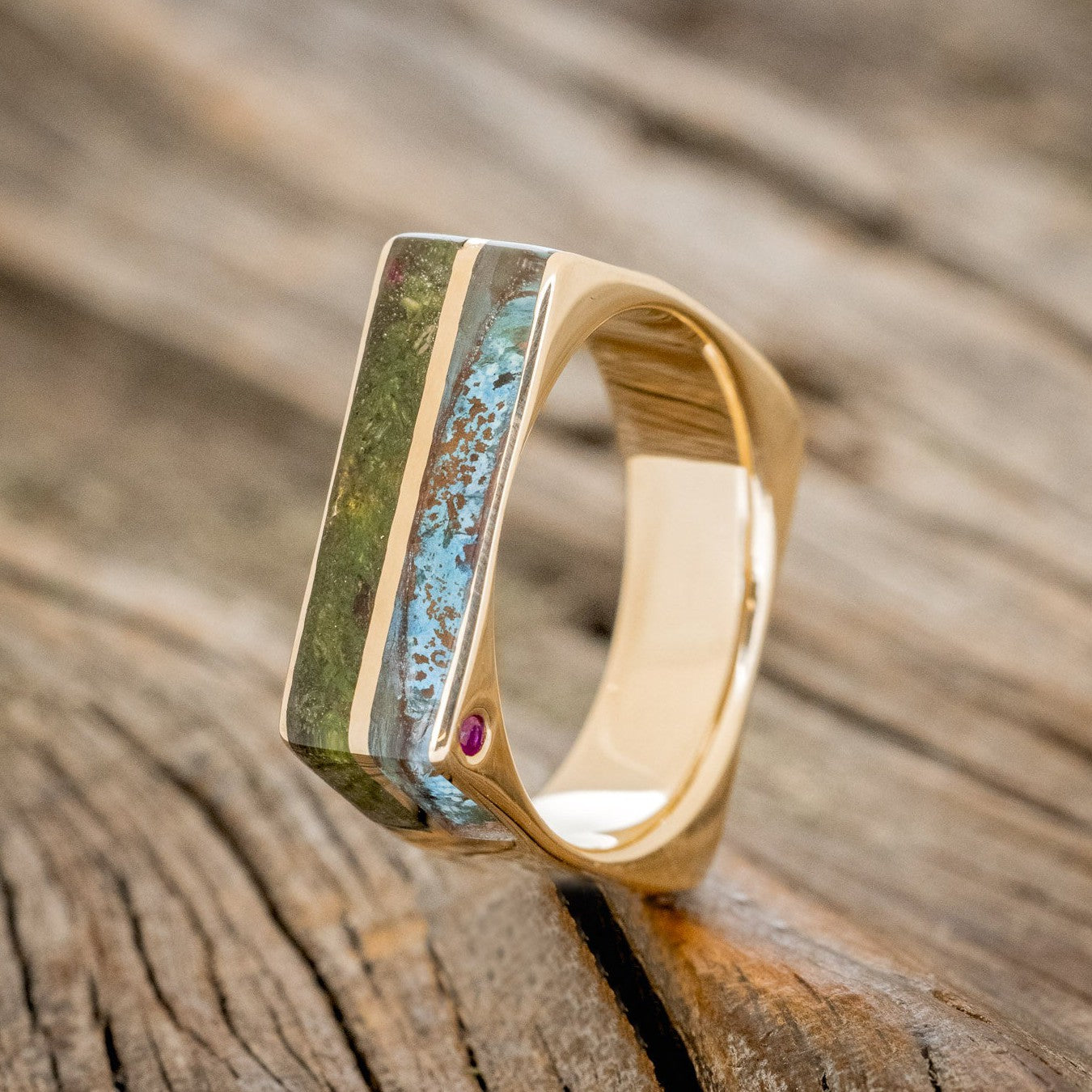 "VEGA" - FLAT TOP MOSS & PATINA COPPER WEDDING BAND WITH SIDE SET RUBI