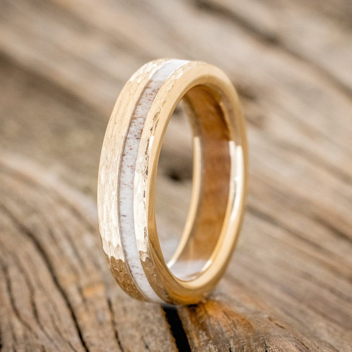 "VERTIGO" - ANTLER INLAY WEDDING RING FEATURING A WHISKEY BARREL LININ