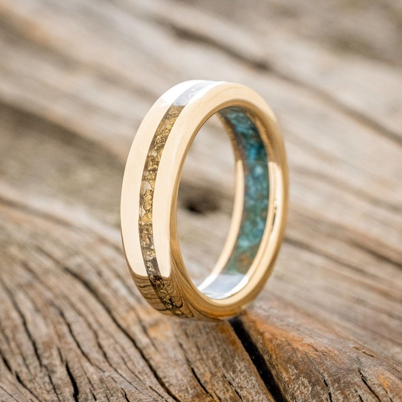 "VERTIGO" - GOLD NUGGETS INLAY WEDDING RING FEATURING A PATINA COPPER